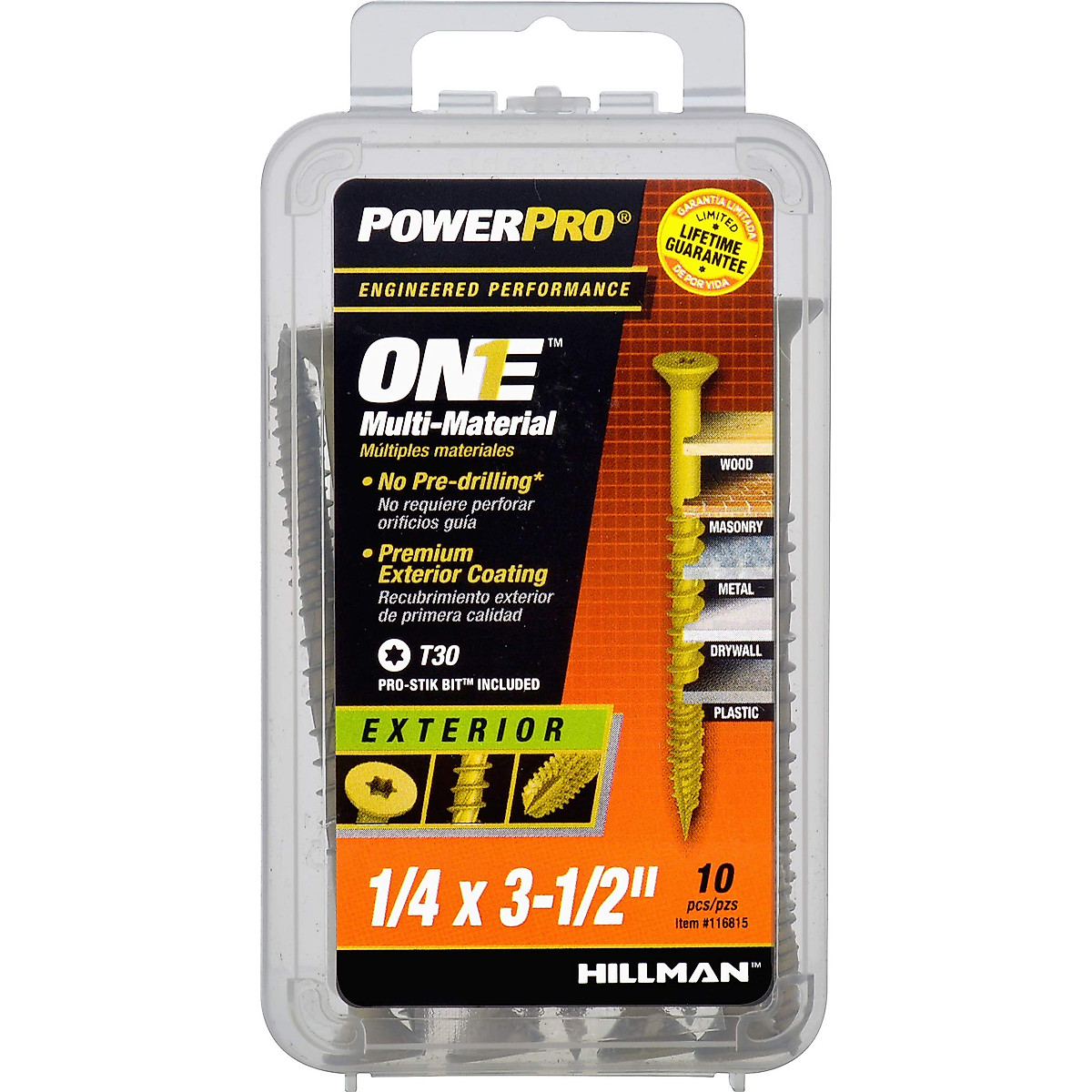 Power Pro Premium One Multi-Material Flat Head Screws, Epoxy Coated Steel, Fasten in Wood, Metal, Concrete, Drywall and Plastic, Bronze, ¼ x 3-½ inches, Box of 10 Screws