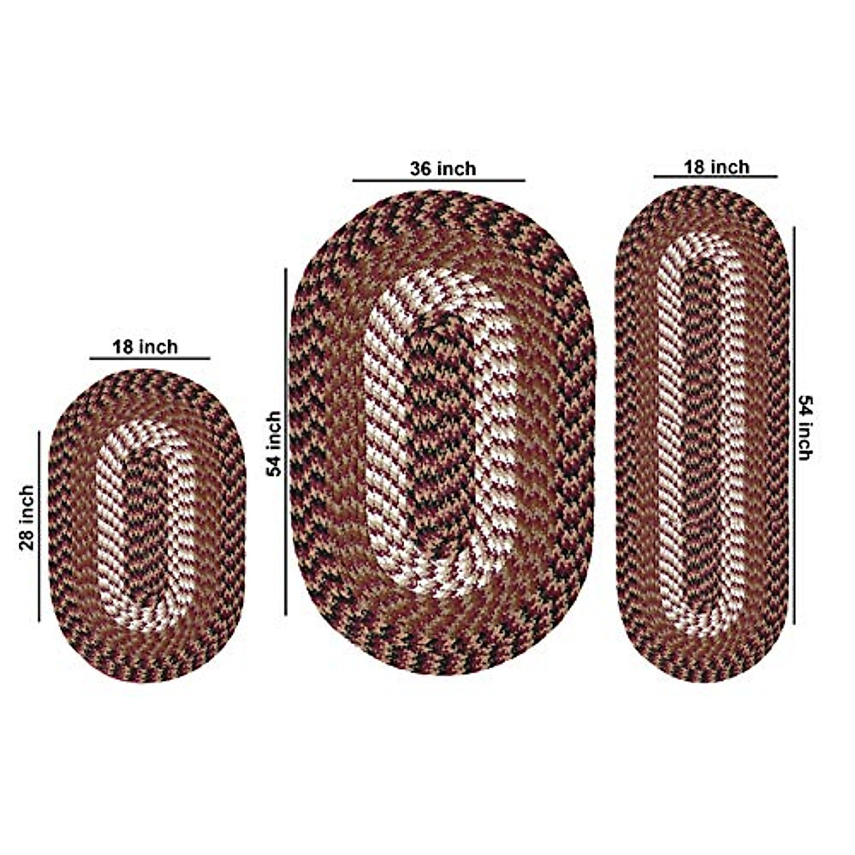 Better Trends Braided Rug, Alpine Braid Collection - Durable, Stain Resistant, Reversible Indoor Utility Rug, 100% Polypropylene Rug, Vibrant Color Rug, 3 PC Set, Burgundy Stripe Rug