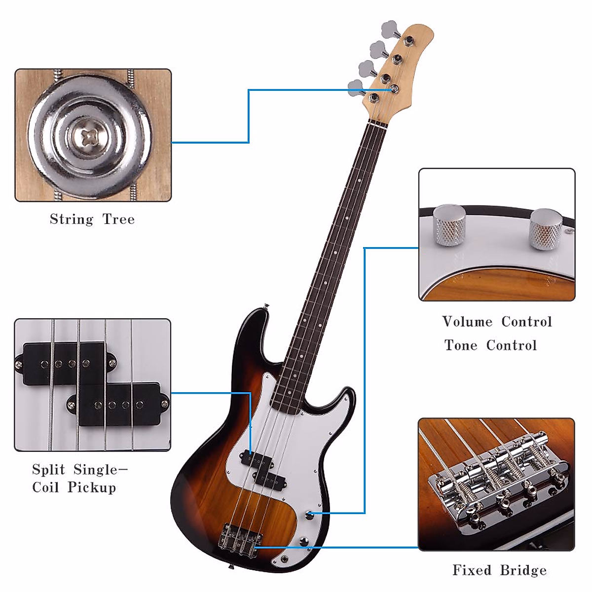 Vasitelan Electric Bass Guitar Full Size 4 String 46 Inch Bass (Brown)