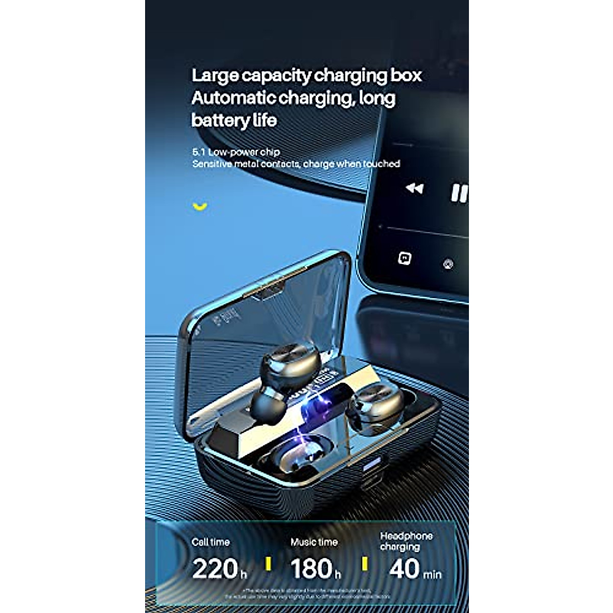 TWS Wireless Earbuds Bluetooth 5.1 Headphones Build in Mic HD Large Display Charging Box IPX7 Waterproof Voice Assistant Automatic Pairing USB Type-C Low Latency for Android iOS Windows Mac (Black)