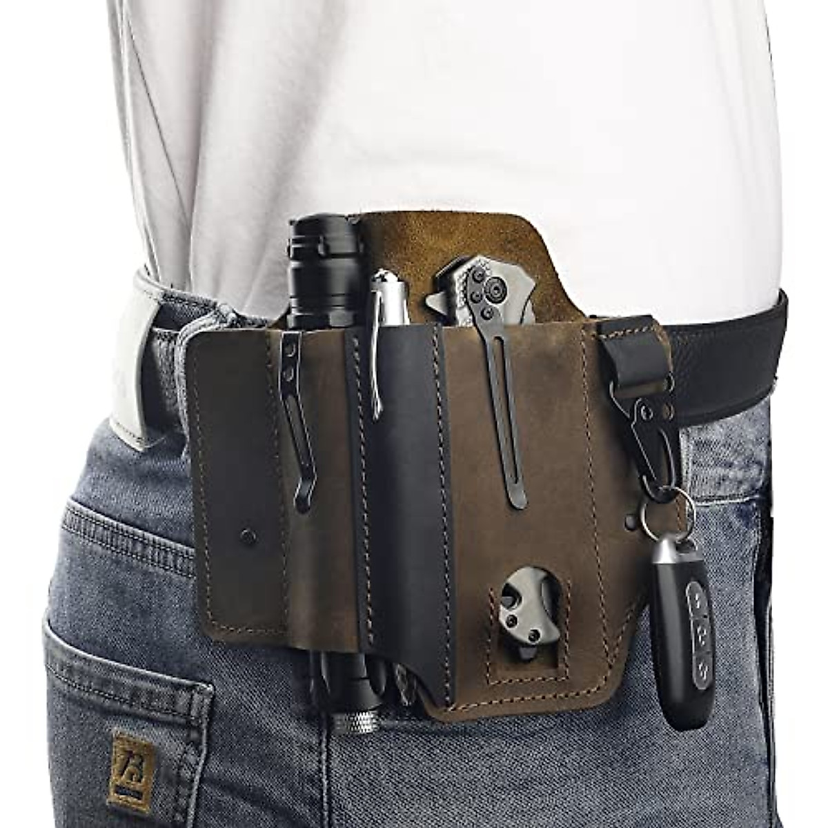 Leather Multitool Sheath, EDC Pocket Belt Organizer for Men with Flashlight Holster, Knife Sheath, Pen Holder and Keychain Clip (Brown)