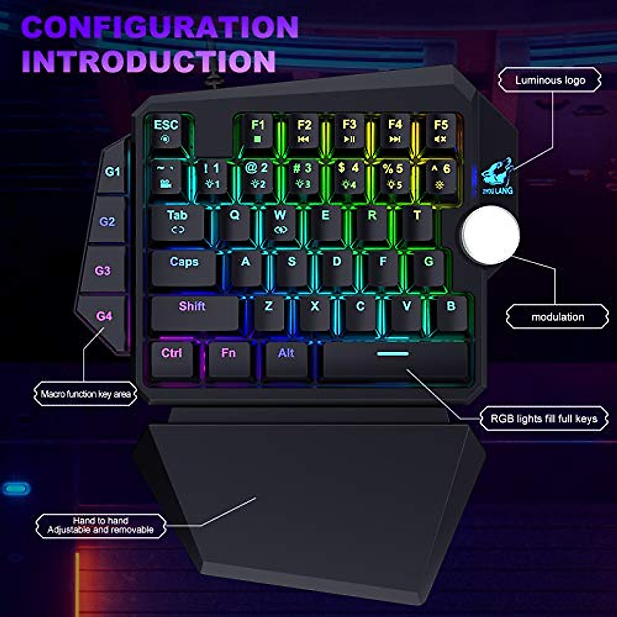 FELICON RGB Gaming Half Keyboard with Detachable Wrist Rest, 39 Programmable Keys Multimedia Knob Professional Rainbow Backlight Mechanical Gaming Keypad Compatible with PC/Xbox/PS4