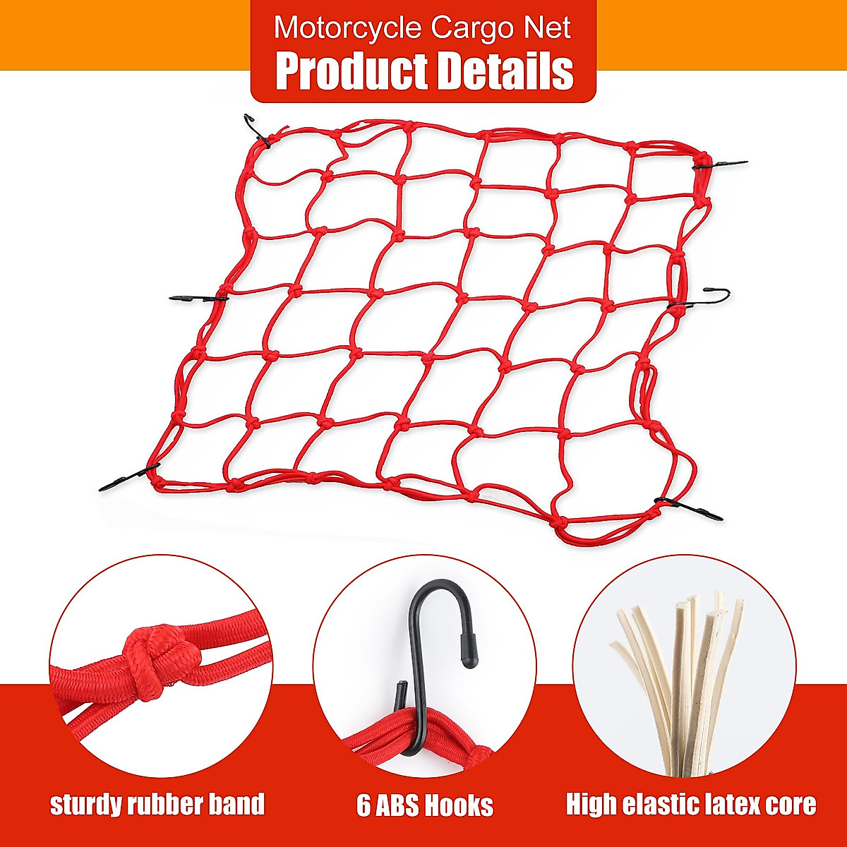 Amiss 15"x15" Elastic Motorcycle Cargo Net, Heavy Duty Bungee Net with 6 Adjustable Plastic Hooks, Luggage Thicken Netting with 2"x2" Small Mesh, Fit for Trailer, SUV, Motorcycle, ATV, Bike - Red