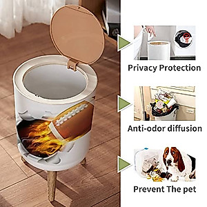 IBPNKFAZ89 Small Trash Can with Lid an of a Burning Flaming American Football Ball on fire Tearing a Hole Garbage Bin Wood Waste Bin Press Cover Round Wastebasket for Bathroom Bedroom Office Kitchen