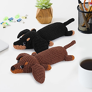 Crochet Kit for Beginners - 2 PCS Dachshund Crochet Kit with Step-by-Step Video Tutorials, Beginner Crochet Kit for Adults, Crochet Animal Kit for Kids, Dog Crocheting Set (Brown & Black)