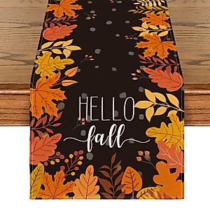 Artoid Mode Hello Fall Maple Leaves Orange Black Table Runner, Seasonal Fall Harvest Vintage Kitchen Dining Table Decoration for Indoor Outdoor Home Party Decor 13 x 72 Inch