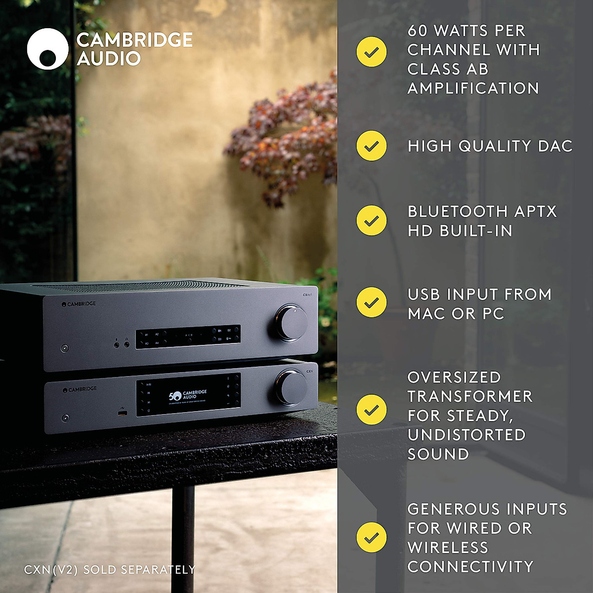 Cambridge Audio CXA61 Stereo Two-Channel Amplifier with Bluetooth and Built-in DAC - 60 Watts Per Channel (Lunar Grey)