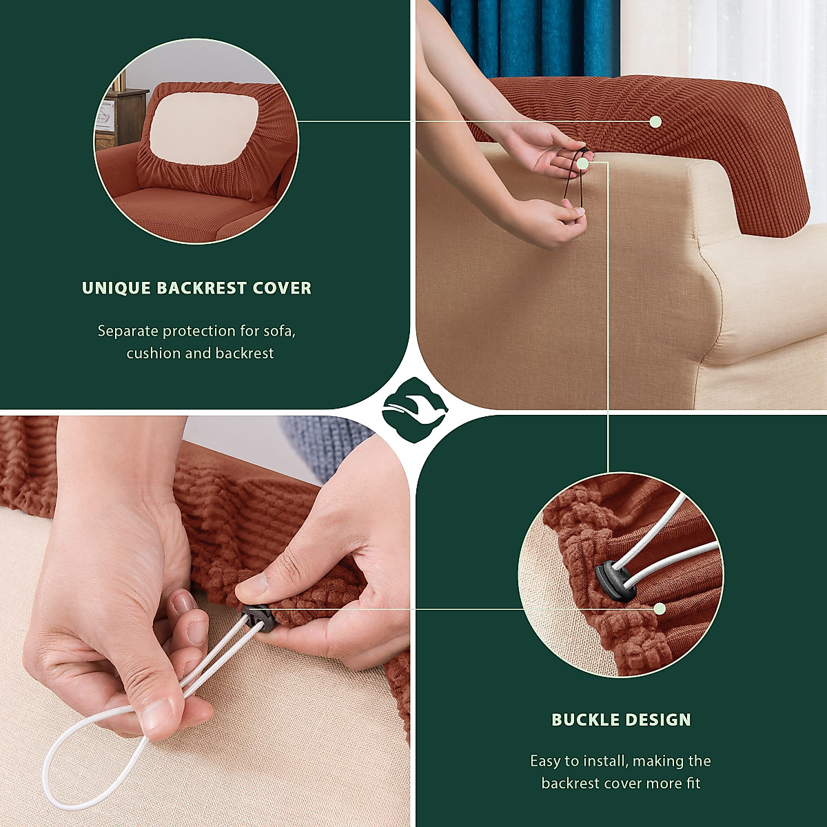 CHUN YI 5 Piece Stretch Loveseat Sofa Cover, 2 Seater Couch Slipcover with Two Separate Backrests and Cushions with Elastic Band, Checks Spandex Jacquard Fabric(Medium,Brick)