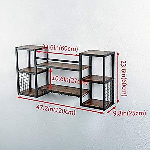 Industrial Hanging Wine Rack Wall Mounted with 5 Stem Glass Holder,47.2in Rustic Wine Glass Rack Wall Mount,Wine Glass Shelf Metal Floating Bar Shelves,Wall Shelf Wine Bottle Holder Wood Shelves