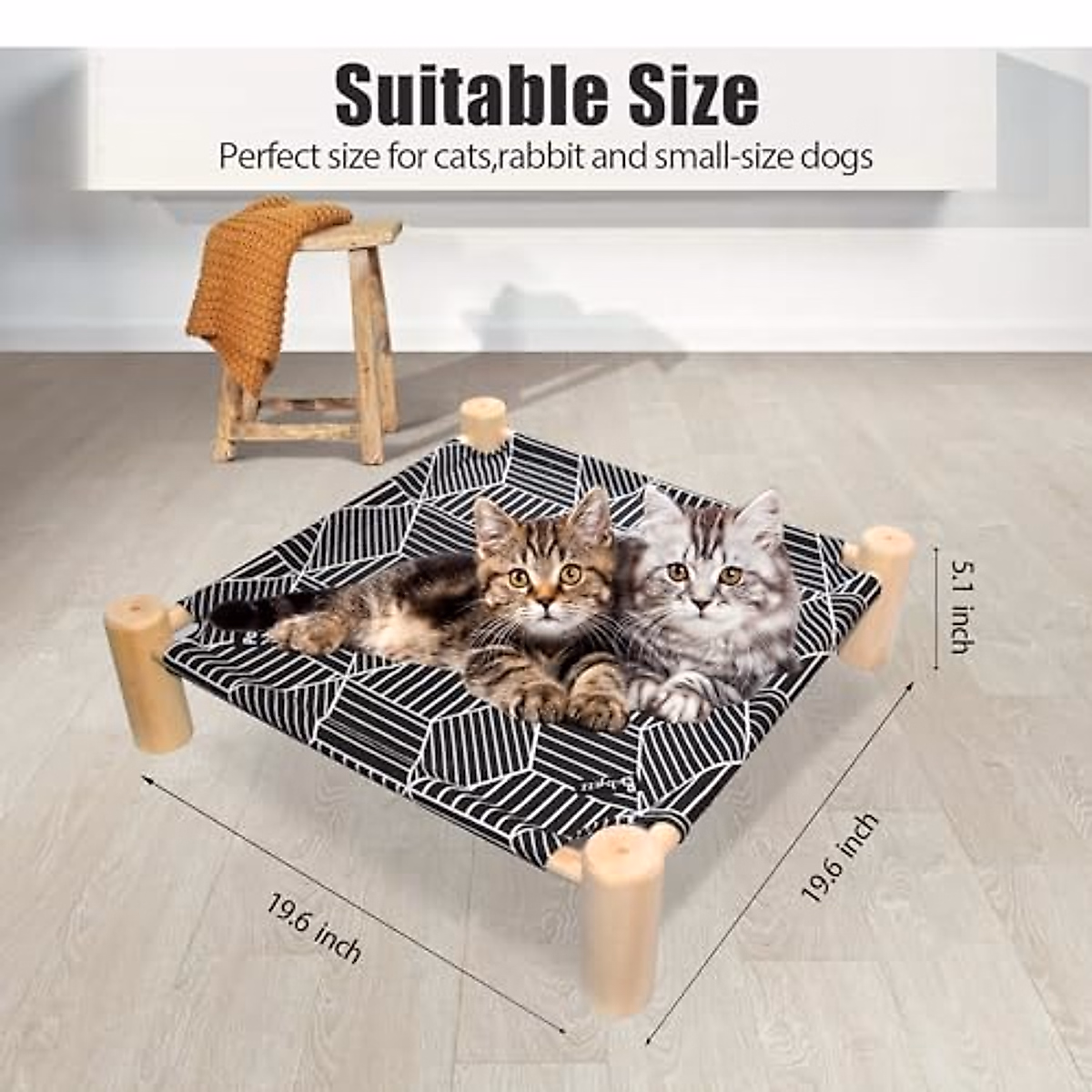 Babyezz Cat/Dog Bed - Wooden Pet Hammock, Elevated Breathable, Detachable Portable Indoor/Outdoor, Suitable for Kitty, Puppy, Bunny & Small Animals (Black Diamond)