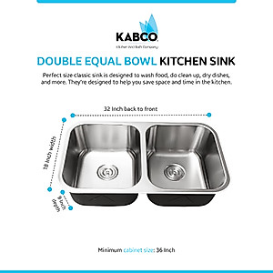 KABCO 32 Inch Swirl Finish Stainless Steel Classic Kitchen Sink, Sound and Heat Proof Double Equal Bowl Undermount Sink with Kitchen Sink Strainers, Removable Garbage Baskets and Sink Grids