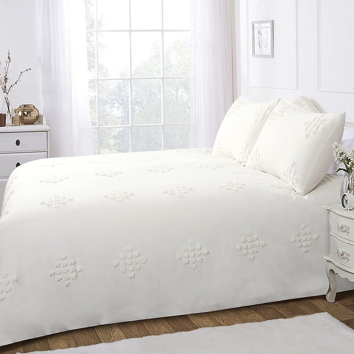 YINFUNG Textured Duvet Cover Tufted Ivory Boho Cotton Queen Cream Off White Textured Diamond Moroccan Clipped Boho Chic Geo 3 Piece Bedding Set Bohemian 90x90 Quilt Cover