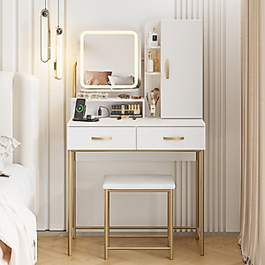 Fameill Vanity Desk with Mirror and Lights, White Makeup Table and Chair Set with 2 Storage Drawers&Cabinet&Shelves, Small Vanity Desk for Bedroom, 3 Lighting Mode