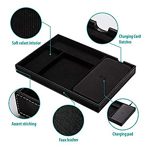 Valet Tray, Built in Wireless Charging Pad, Nightstand Organizer, Dresser Organizer, Mens Jewelry Box, Valet Charging Station, Faux Leather Valet Tray for Men and Women, (Black)