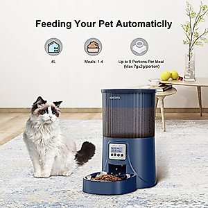 KESTERRA Automatic Cat Feeder, 4L Auto Dry Food Dispenser Small Dog Pet Feeder with 4 Meals Per Day Programmable Timed, 10s Voice Recorder, Twist Lock Lid, Stainless Steel Bowl, Dual Power Supply Blue