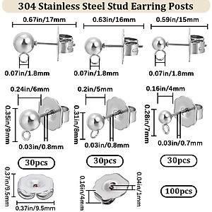 Beebeecraft 1 Box 90Pcs Ball Stud Earring Findings Stainless Steel Smooth Round Geometry Post Earring Studs Components with Loop and 100Pcs Ear Nuts Earring for Jewellery Making Supplies