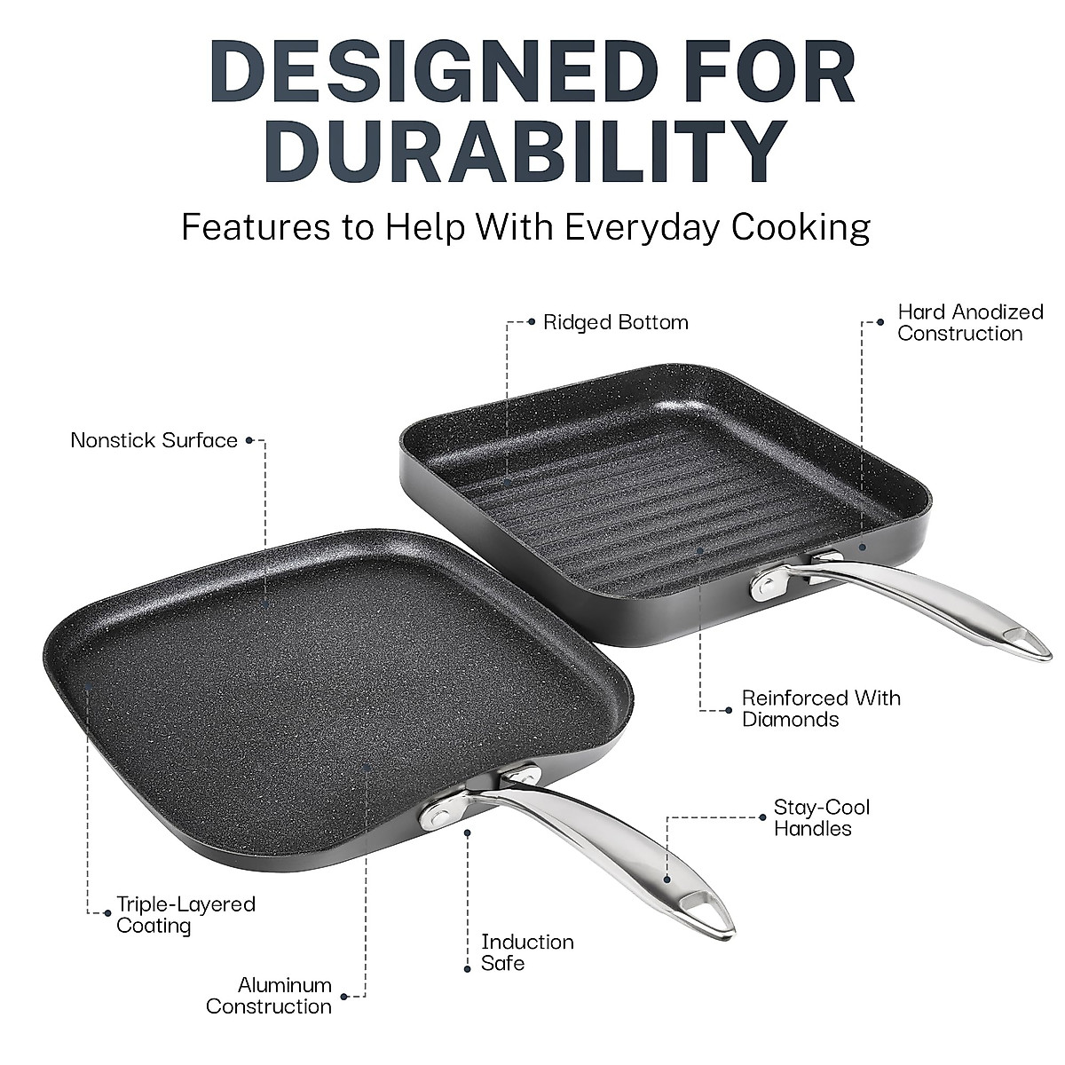 Granitestone 2 Pack Nonstick 10.5” Grill Pan + Flat Griddle Pan for Stove Top with 3x Coated Surface Perfect for Eggs Pancakes Steaks and More, Stove Top Griddle for Gas Grill, Oven Safe, PFOA Free