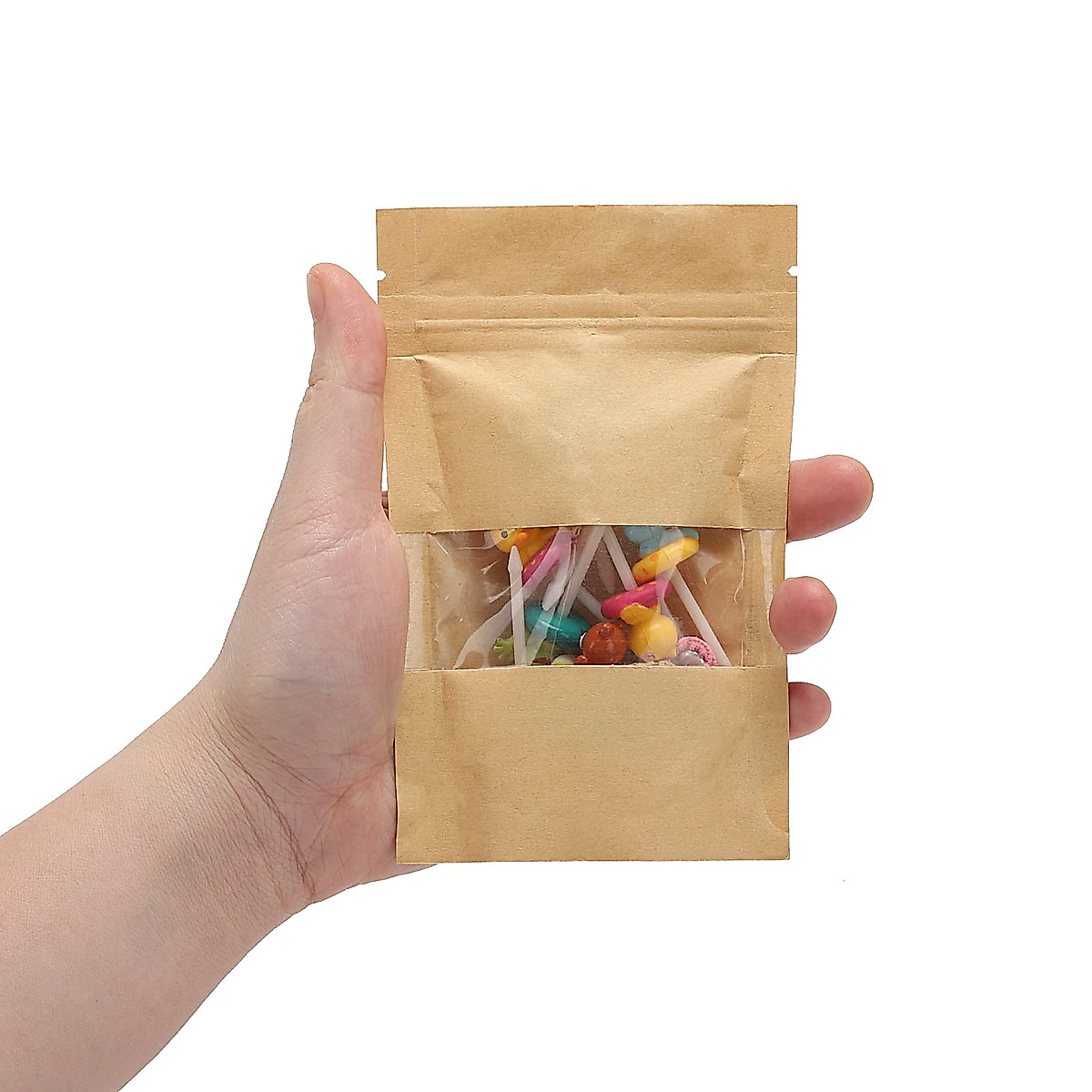 100pcs 3.5 x 5.5 inch Kraft Paper Treat Bags with Window Ziplock Stand Up Pouches for Food Storage Cookies Snacks Tea Packing