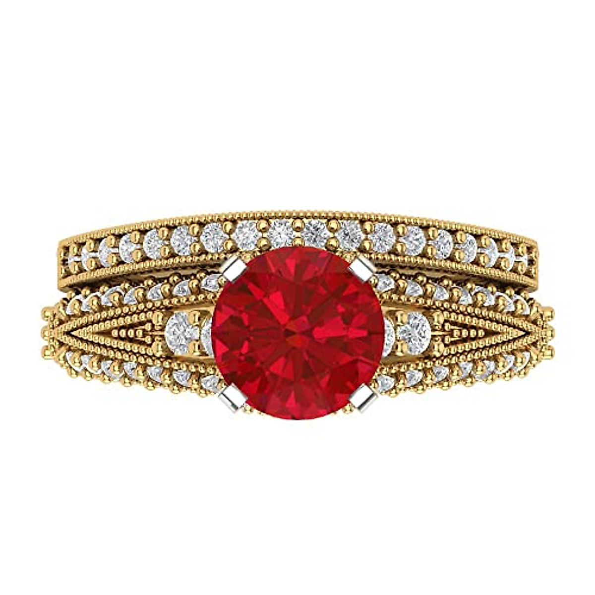 Clara Pucci 2.04 carat Round Cut Solitaire accent Simulated Red Ruby Wedding Anniversary Bridal ring band set 14k 2 Tone Gold 11