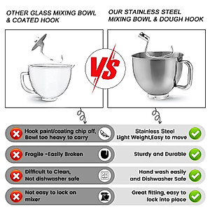 Stainless Steel Mixing Bowl & Dough Hook for KitchenAid 4.5 & 5.0 Quart Tilt-head Mixers, Dishwasher Safe, Additional Replacement with KitchenAid Original Attachments