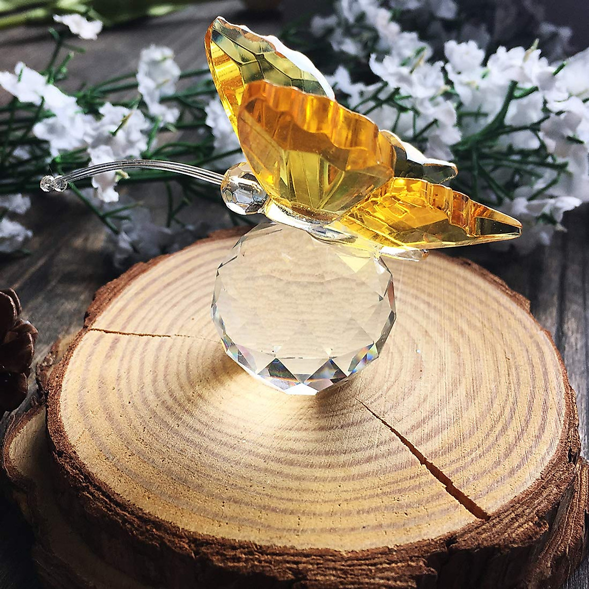 H&D Crystal Flying Butterfly with Crystal Ball Base Figurine Collection Cut Glass Ornament Statue Animal Collectible (Yellow)