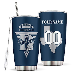 Custom Dallas Tumbler 20oz Stainless Steel with Lid & Straw Personalized Football Fans Gifts for Women Men Travel Cup Insulated Tumbler Add Name Number