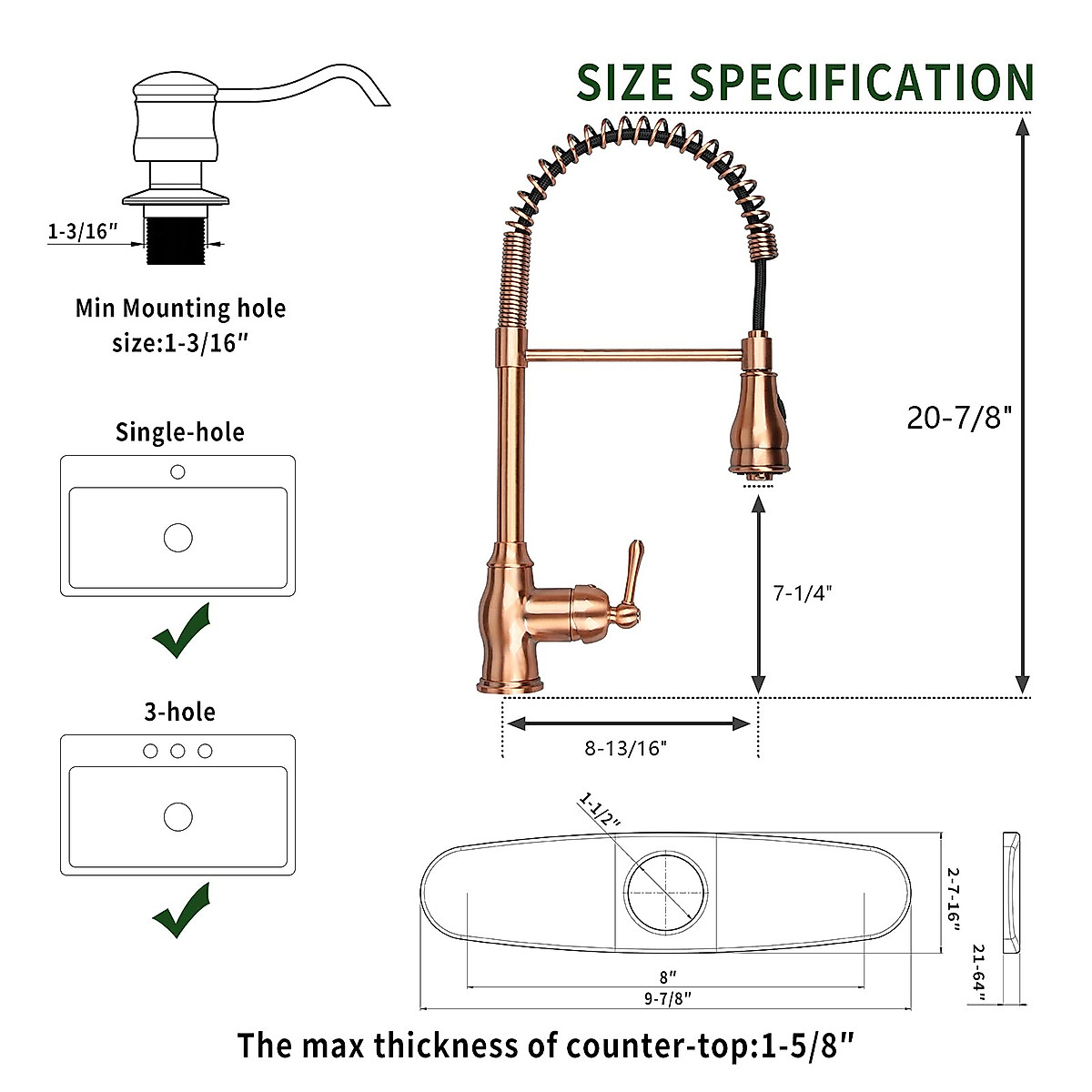Copper Kitchen Faucet with Soap Dispenser, Single Handle Solid Brass High Arc Pull Down Sprayer Head Kitchen Sink Faucets with Deck Plate AK96518