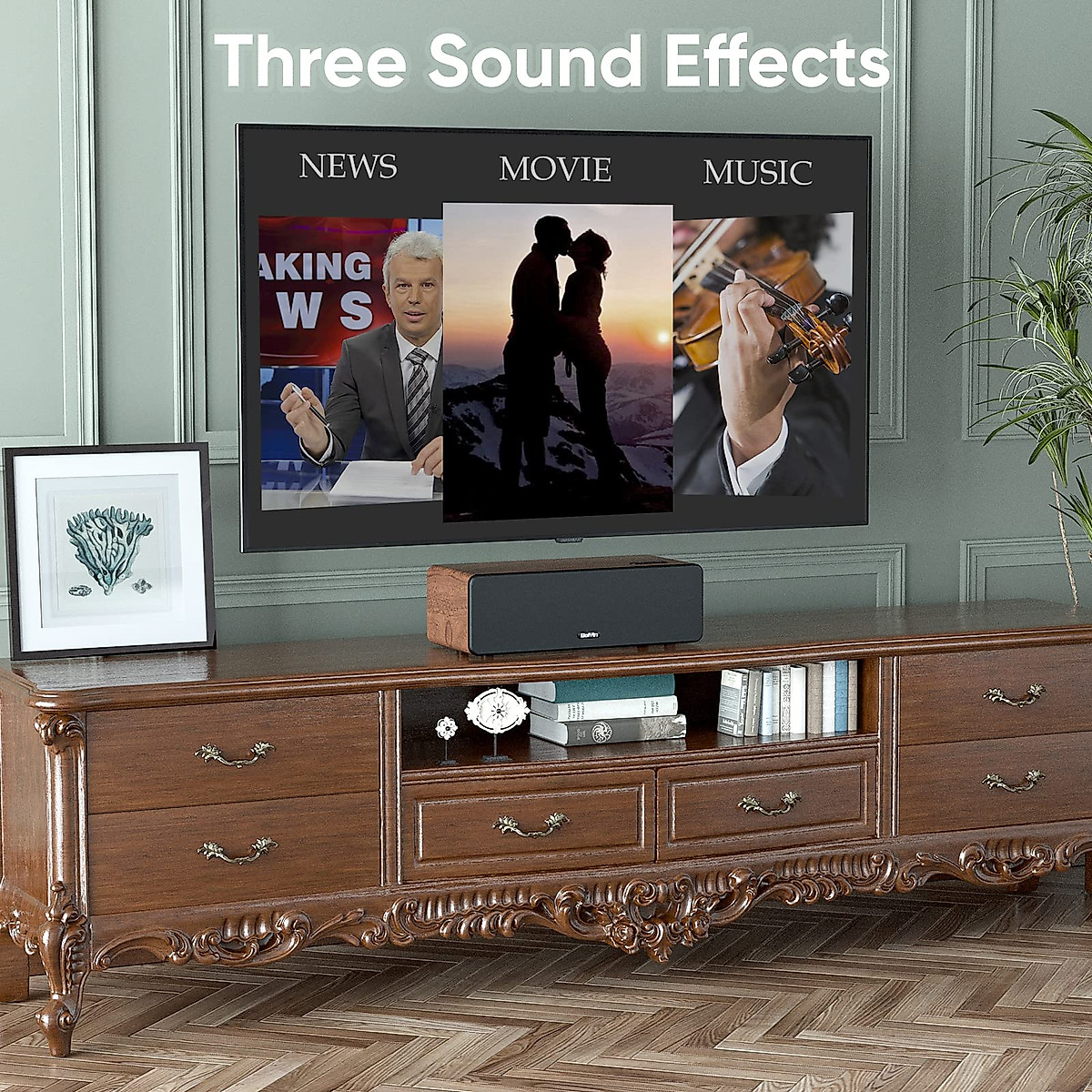 Saiyin Sound Bars for TV, 16.5'' Wooden TV Speakers Soundbar Home Theater Surround Sound System with Dual 3.5'' Woofers, Bluetooth 5.0 and HDMI ARC/Optical/AUX Input for TV, Projector, Record Player