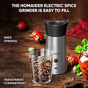 Homaider Electric Salt and Pepper Grinder Set Rechargeable & Automatic - for Spices, Salt and Pepper - Wooden Stand, Brush, LED Lights, x2 Charging Cables and Adjustable Coarseness - Set of 2