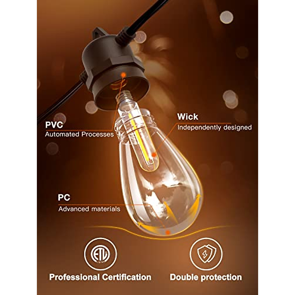 addlon 50FT LED Outdoor String Lights with Edison Shatterproof Bulbs, Weatherproof Strand, Commercial Grade Patio Lights, Decorative for Garden or Patio, Black