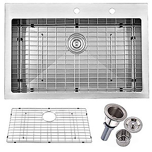 Friho 33"x 22" Inch Drop-in Stainless Steel Kitchen Sink,Brushed Nickel Topmount Kitchen Sinks,SUS304 Commercial Handmade 18 Gauge Single Bowl Large Basin With Dish Grid and Basket Strainer