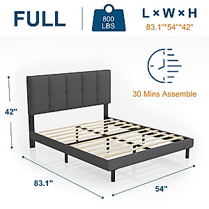 Generic Full Size Bed Frame Upholstered Platform with Headboard, Linen Fabric Wrap, Strong Frame and Wooden Slats Support, Easy Assembly No Box Spring Needed,Non-Slip and Noiseless, D Dark Grey