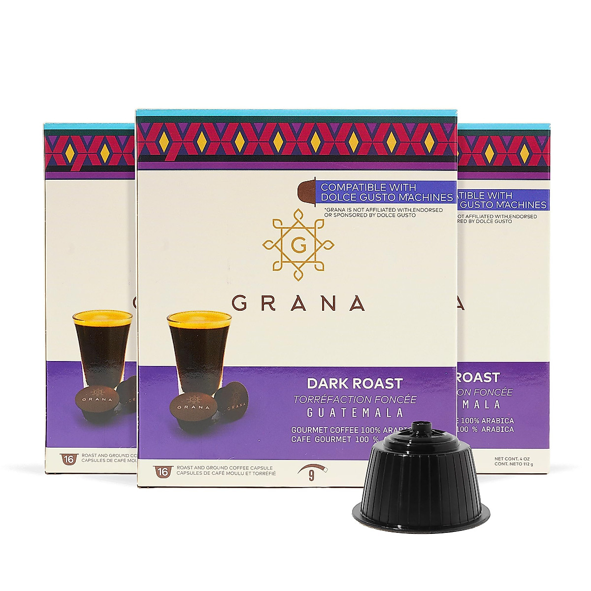 GRANA Dark Roast 48 Capsules Compatible with Nescafe Dolce Gusto - 48 Count of Dolce Gusto (3 Boxes of 16 capsules each) - 100% Arabica Dolce Gusto Coffee Pods