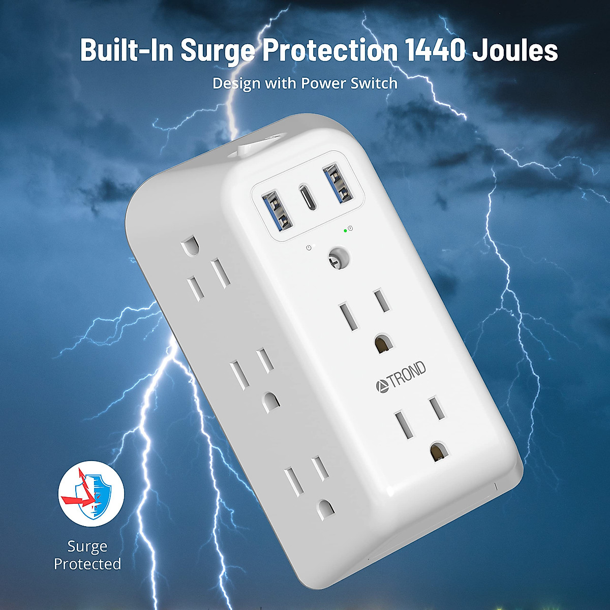 TROND Outlet Extender Surge Protector - 8 Outlet Splitter with 3 USB Ports (1 USB C), Multiple Plug Expander with ON/Off Switch, 3 Sided Multi Plug Wall Adapter Power Strip for Home Office Kitchen