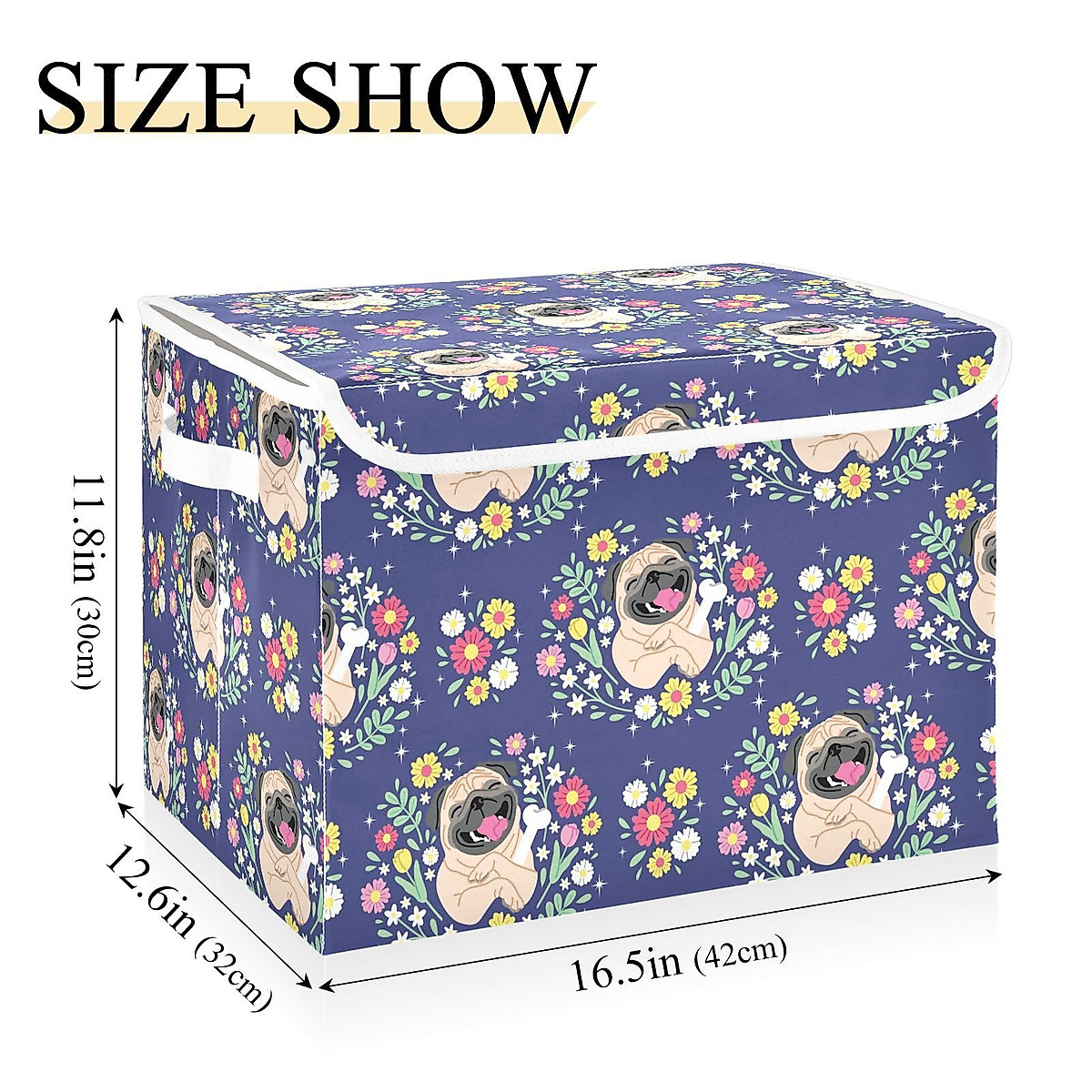 Doterii Cute Pug Dog and Flowers Storage Bin with Lid Fabric Foldable Cube Baskets Closet Toy Organizer