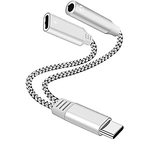 HLDInie USB c to 3.5mm Headphones and Charger Adapter, 2-in-1 USB c to Aux Audio Jack High Resolution DAC and Fast Charging Dongle Cable (White)