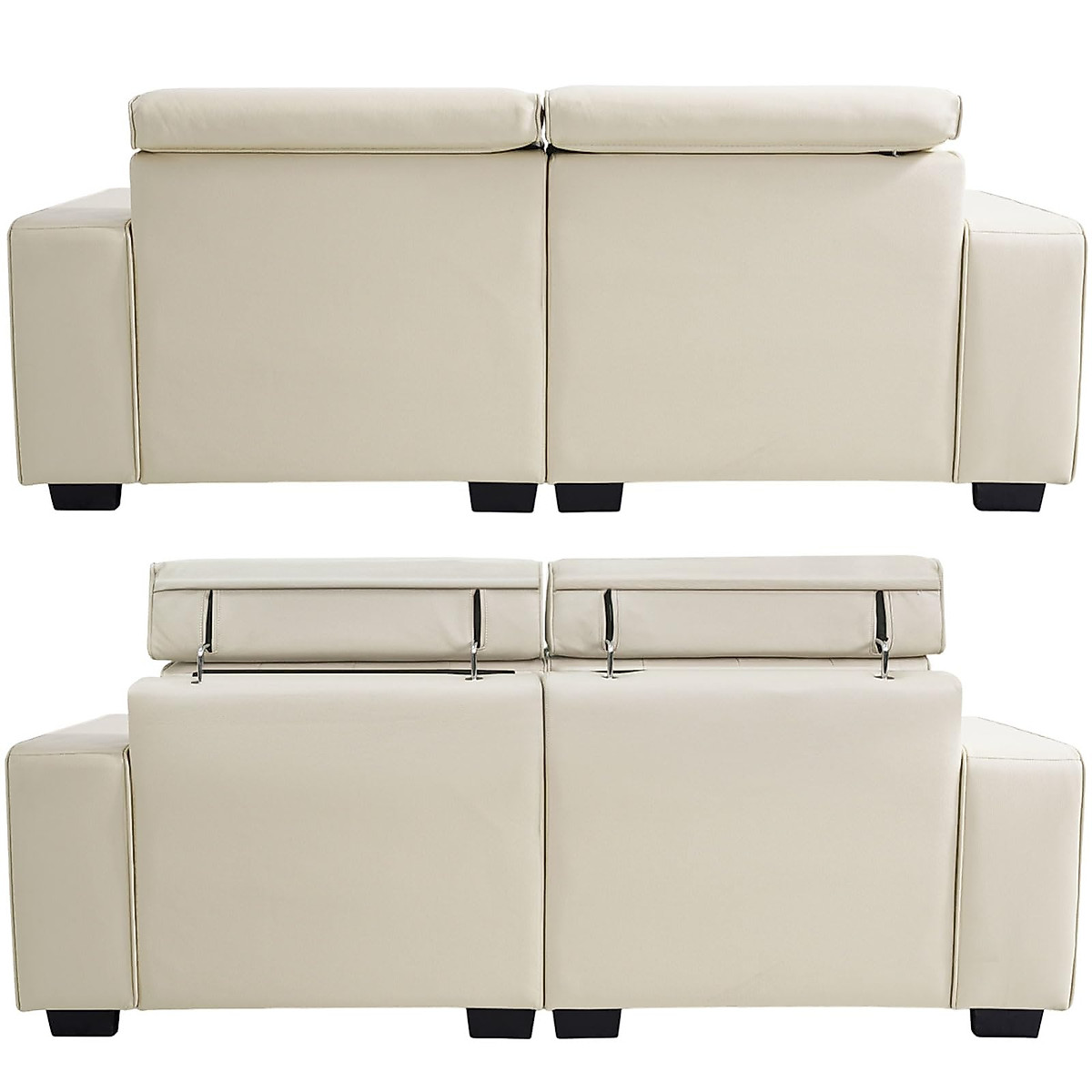 BEDHOURS 83" Sofa Couch, Handcrafted Faux Leather 3-Seat Sofa, Mid Century Modern Couch, Comfort Deep Seat Sofa with Side Pocket & Adjustable Headrest for Living Room Apartment Office, Beige