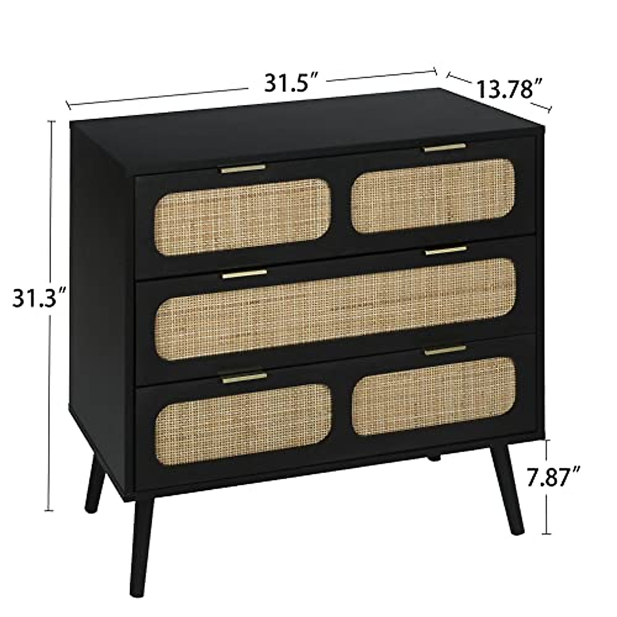 QEIUZON 3 Drawer Dresser, Modern Rattan Dresser Chest with Wide Drawers and Metal Handles, Farmhouse Wood Storage Chest of Drawers for Bedroom, Living Room, Hallway, Entryway (Black-2 Packs)