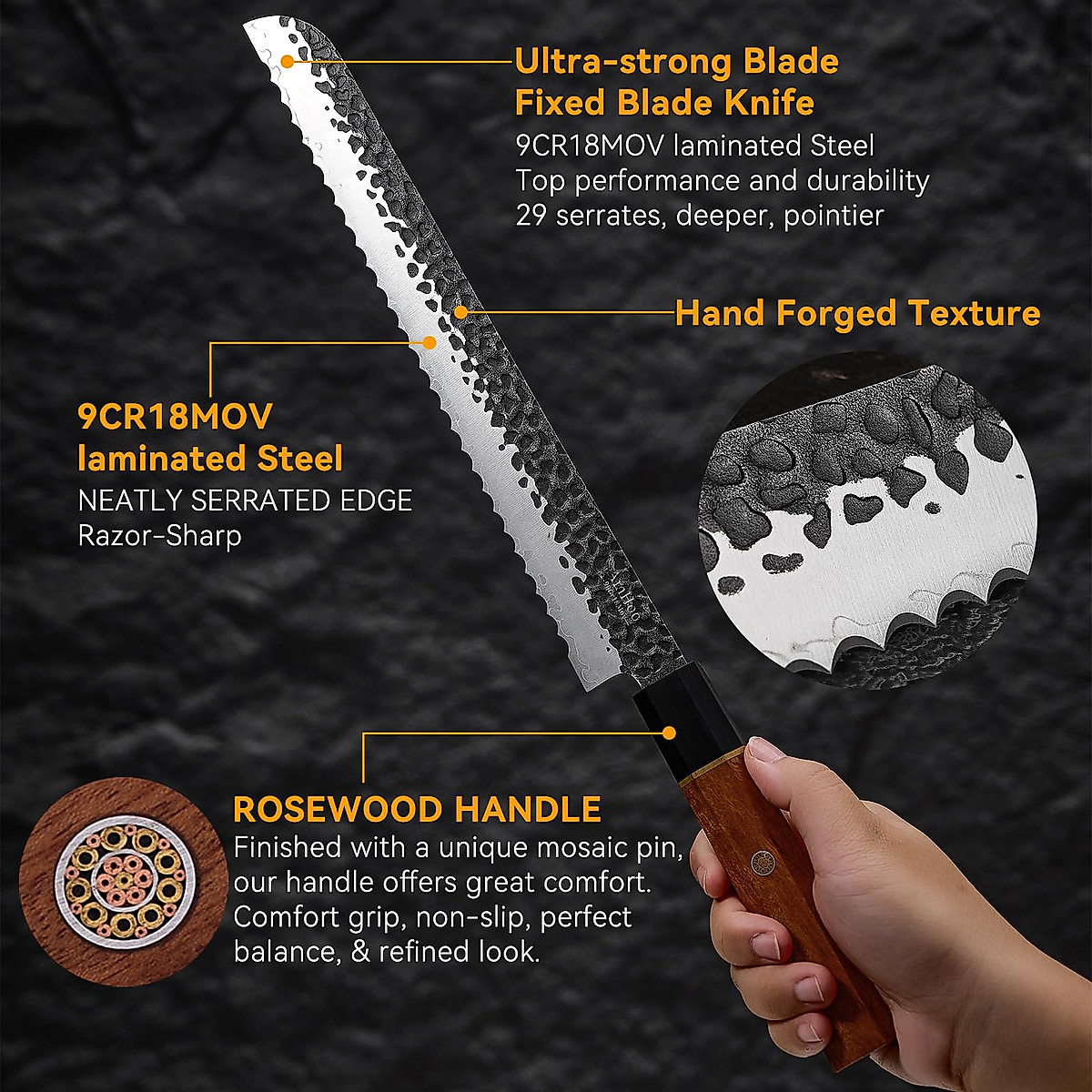 AmHoo Bread Knife 10-inch 9CR18MOV High Carbon Stainless Steel Professional Hand Forged Ultra Sharp Serrated Handle Rosewood for Homemade Bread Cake Christmas Gifts
