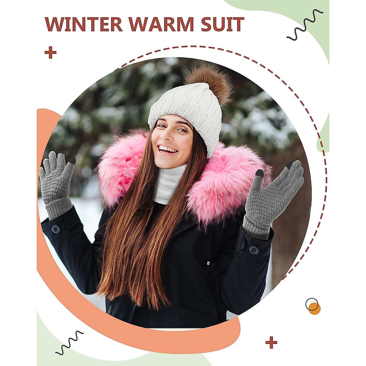 SATINIOR 6 Pcs Winter Beanie Hat Scarf Gloves Set for Women, Knitted Beanie with Pom Pom Neck Warmer Touchscreen Gloves Set(Gray, White)