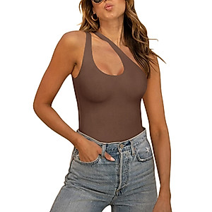 REORIA Women's Summer Sexy One Shoulder Cutout Front Sleeveless One Piece Tank Tops Backless Thong Bodysuits Leotards for Going Out Coffee Small