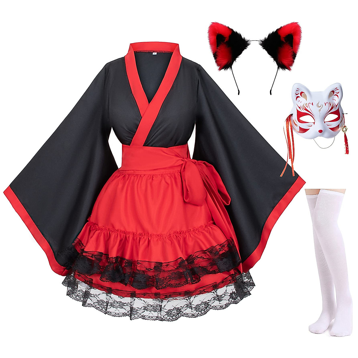 Elibelle Japanese anime red and Black kimono fox cosplay costume Furry Fox Ear with socks L