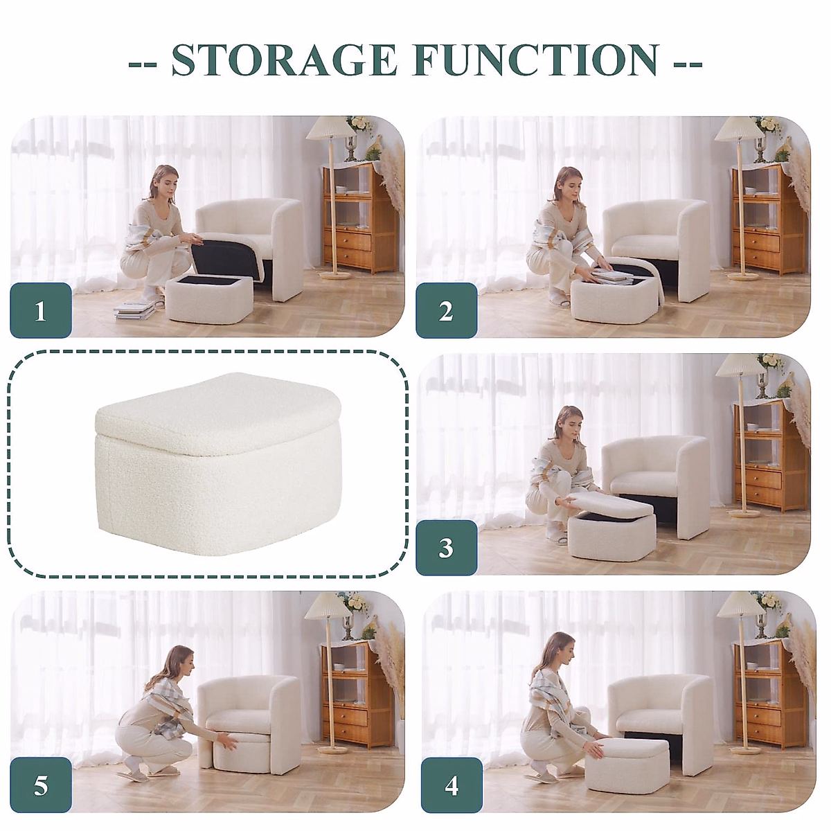 COLAMY Upholstered Sherpa Barrel Chair with Ottoman Set of 2, Modern Single Sofa Accent Lounge Chair Armchair Club Chair with Storage Space-Saving for Living Room Bedroom Office, Cream