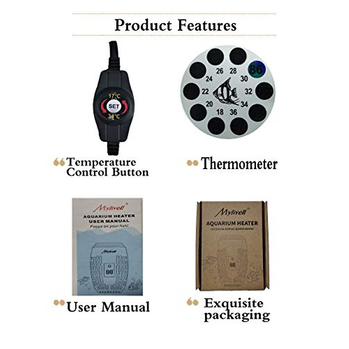 Mylivell Aquarium Heater Submersible Auto Thermostat Heater for Small Tank,Fish Tank Water Heater and Adjustable Temperature with Suction Cup-50W