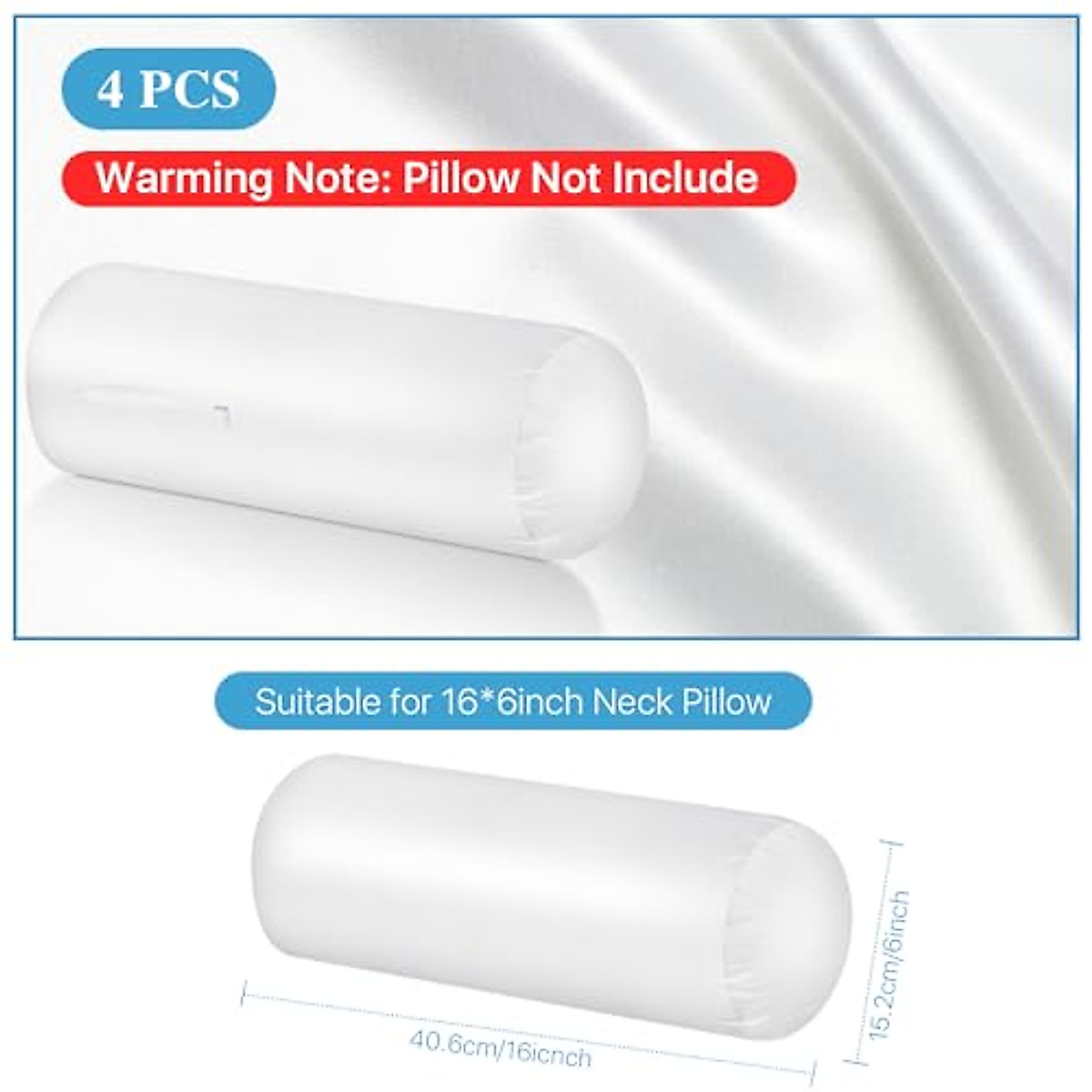 Supkiir 4 Pack Bolster Cervical Pillow Cover, Stain Cylinder Neck Pillow Covers Only, Round Cervical Neck Roll Pillow Case with Zipper for Sleeping Cylindrical Pillow Cushion(White 16 x 6 inches)