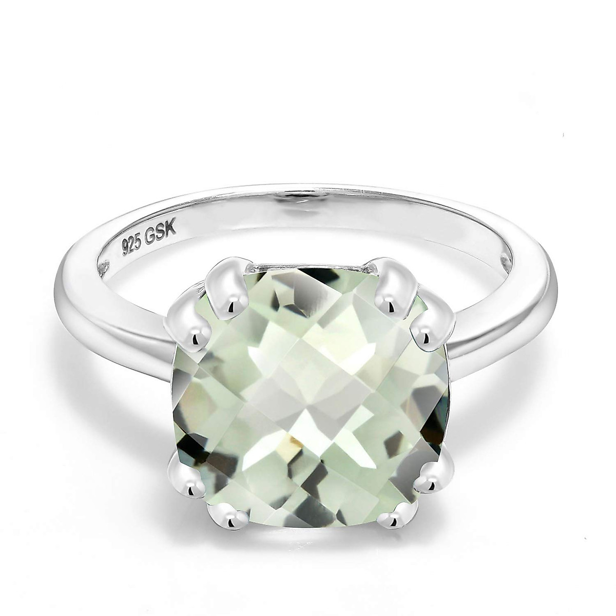 Gem Stone King 925 Sterling Silver Green Prasiolite Double Prong Ring For Women (3.33 Cttw, Cushion Checkerboard 10MM, Available In Size 5, 6, 7, 8, 9)