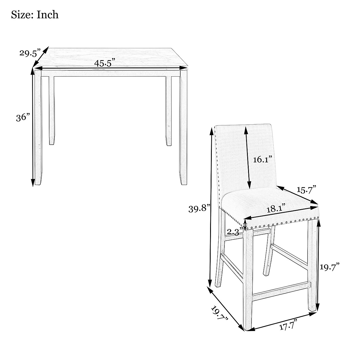 RUNWON 4 5-Piece Modern Counter Height Kitchen Dining Table Set with Matching Chairs and Marble Veneer for Home Living Room, Beige