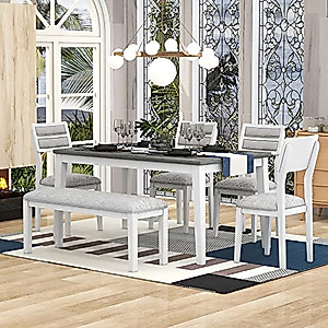 SIYSNKSI Modern 6 Piece Dining Table Set, Wood Dinette Table with 4 Upholstered Chairs and Bench, Classic Traditional Style Kitchen Table Set for 6 People (White+Gray)