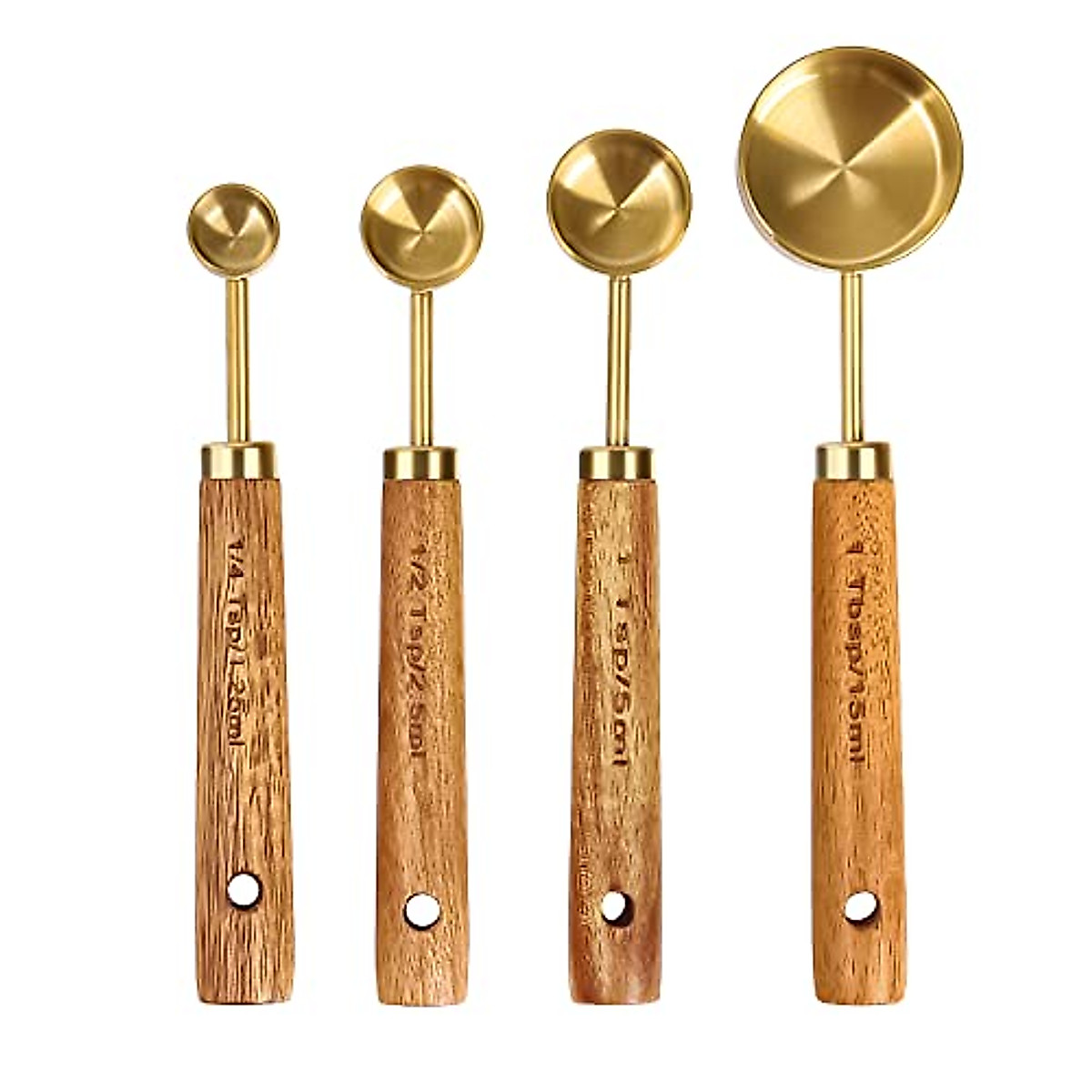 GuDoQi Measuring Cups and Spoons Set of 8, Wood Handle with Metric and US Measurements, Premium Stainless Steel, Golden Polished Finish, Dry & Liquid Measuring Cup, for Cooking and Baking
