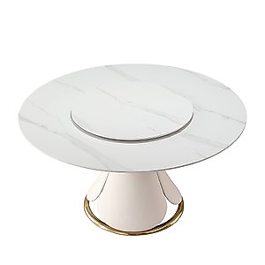 Voohek, Beige 59" Modern Sintered Stone Dining Table with Round-Shaped Metal Exquisite Pedestal Base and 31.5" Turntable, for Home, Kitchen, Living Room